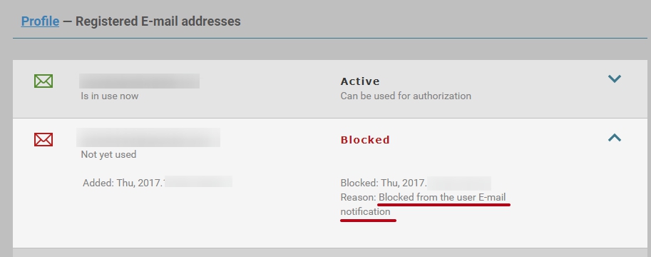 Additional e-mail addresses binding/ Linked e-mail addresses removal ...
